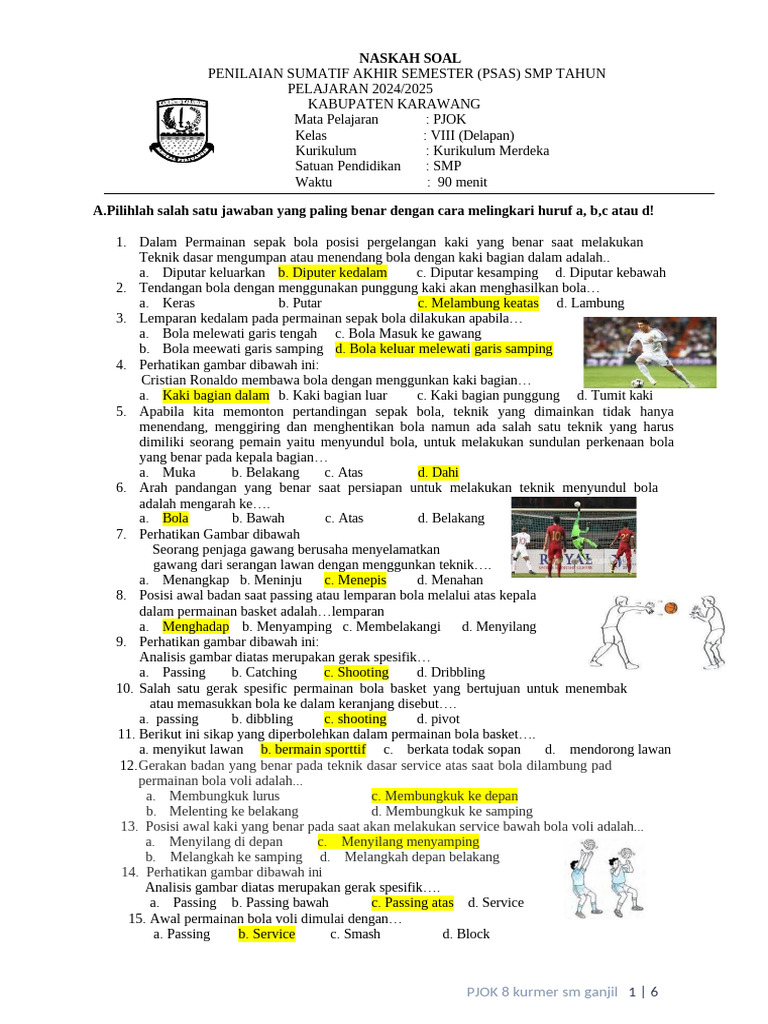 Soal Pjok Kelas 8 Psas 2425 | PDF