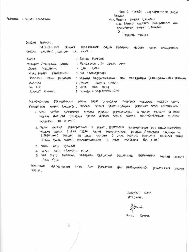 Surat Lamaran Riko | PDF