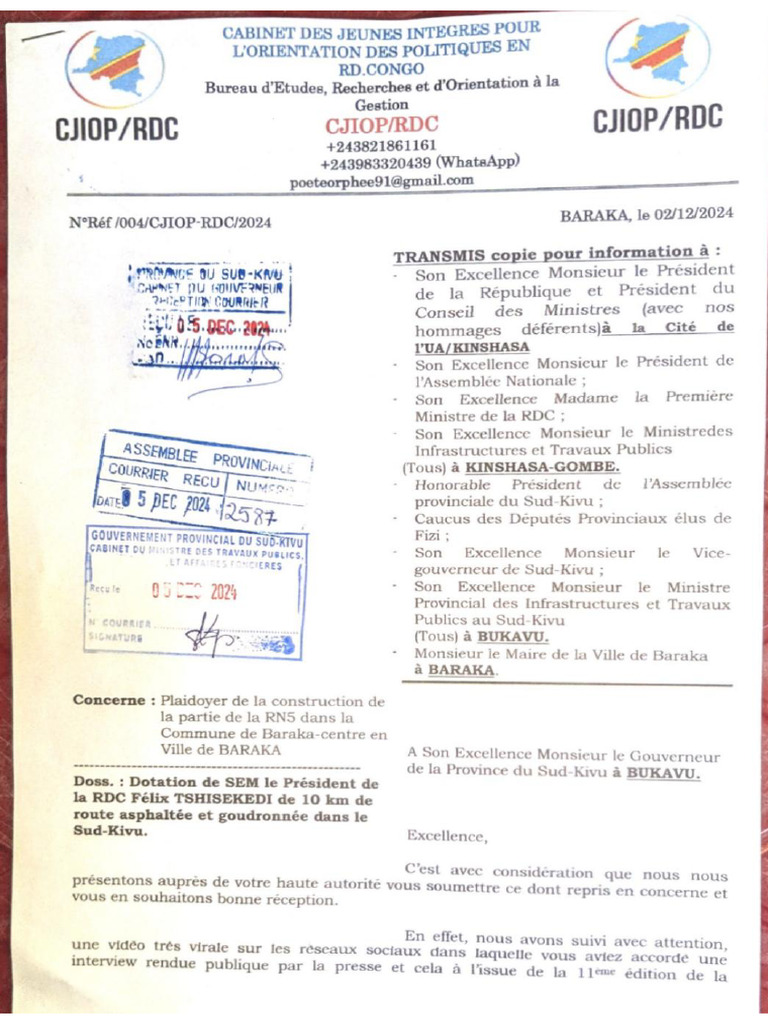 Plaidoyer 10km de Route À BARAKA. CJIOP-RDC | PDF