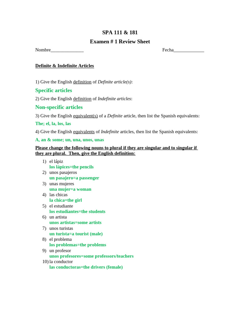 SPA 111 Test 1 Review ANSWER KEY | PDF