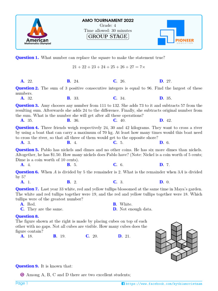 AMO Grade 4 Past Paper 2022 | PDF | Area | Nickel (United States Coin)