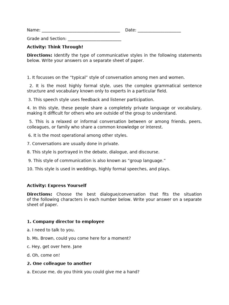 communicative-styles_Activity-part-2 | PDF | Conversation | Vocabulary