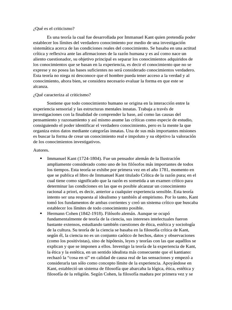 Qué Es El Criticismo | PDF | Conocimiento | Immanuel Kant