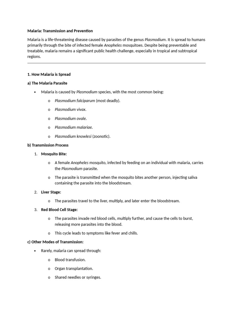 Malaria: Transmission & Prevention Guide | PDF | Malaria | Plasmodium