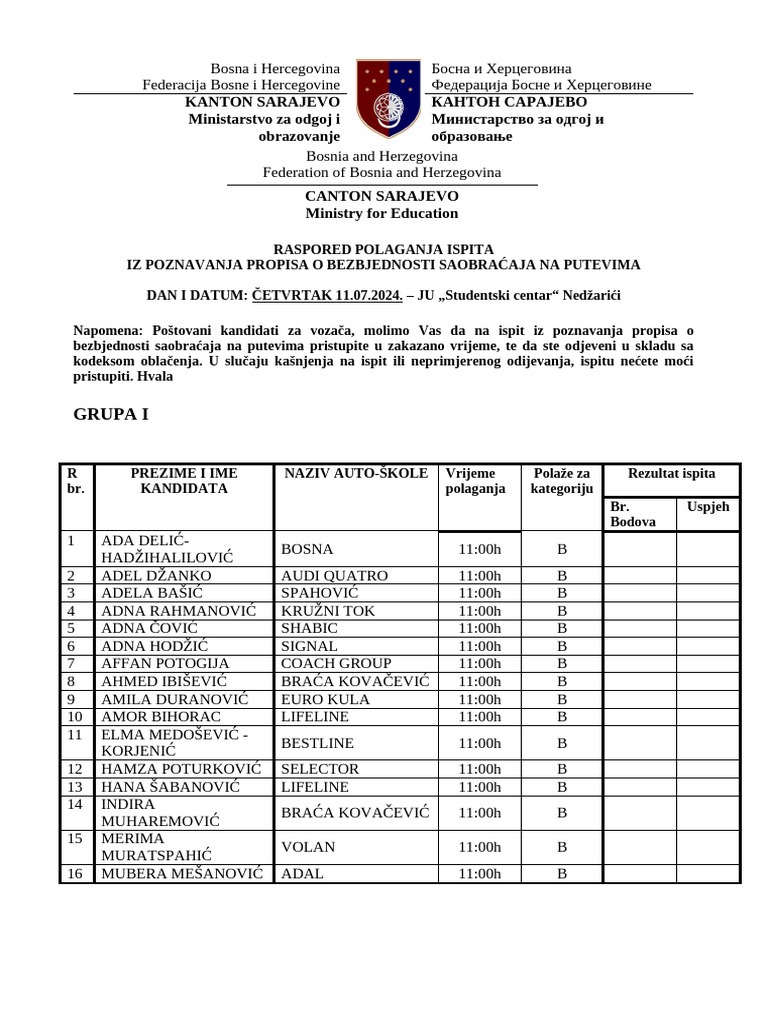 Raspored T 11 07 2024 Ju Studentski Centar Nedzarici 0 | PDF