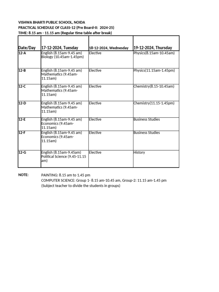 Class XII-Updated Practical Schedule-Pre Board-II | PDF