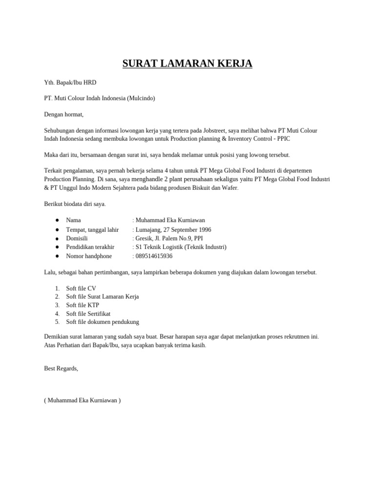 Surat Lamaran PPIC Mulcindo | PDF