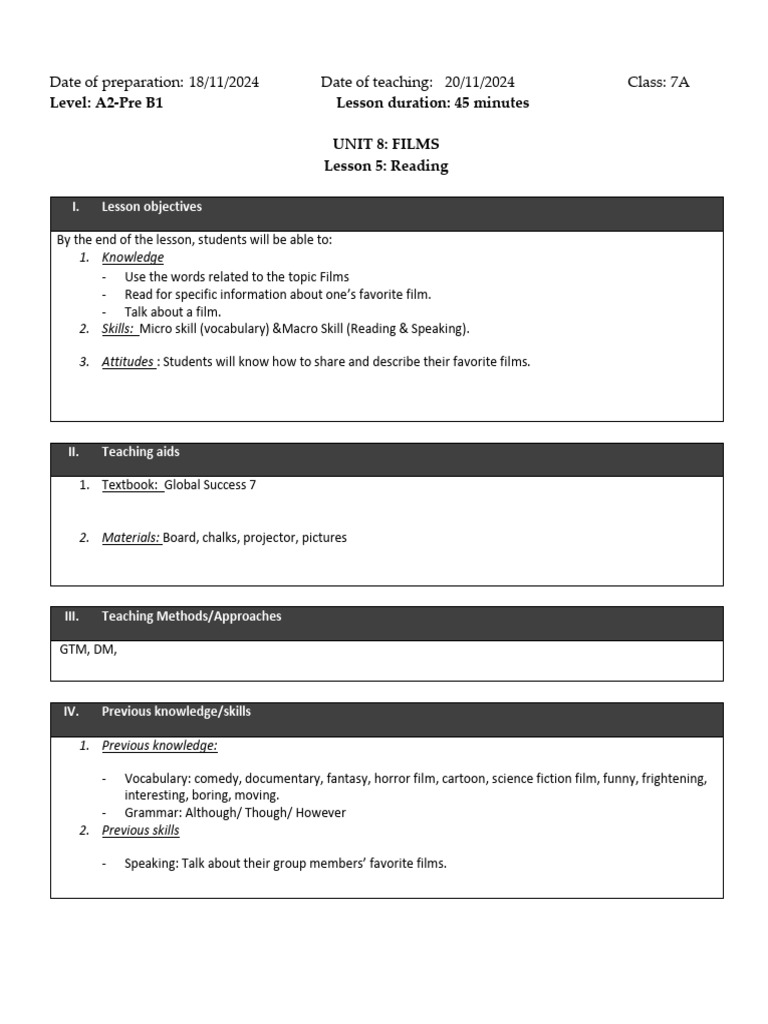 Lesson Plan: A2 Reading on Films | PDF | Magician (Fantasy) | Vocabulary