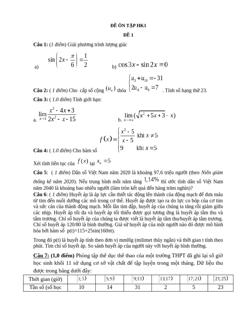 ĐỀ ÔN TẬP HK1 | PDF