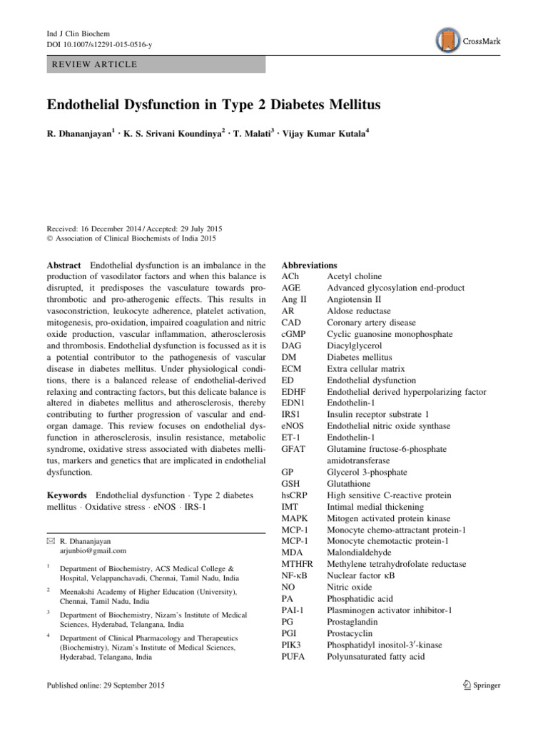 Endothelial Dysfunction in Type 2 Diabetes Mellitus | PDF | Endothelium ...