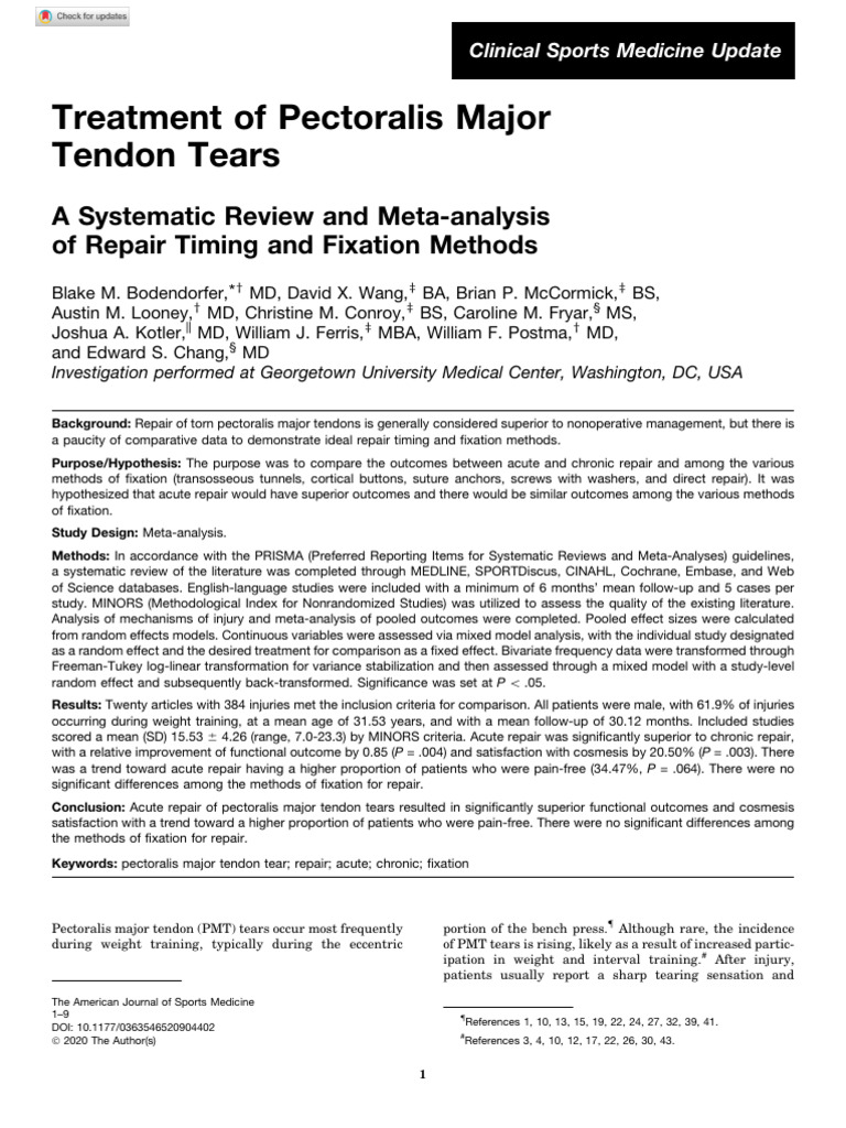 Treatment of Pectoralis Major Tendon Tears - A Systematic Review and ...