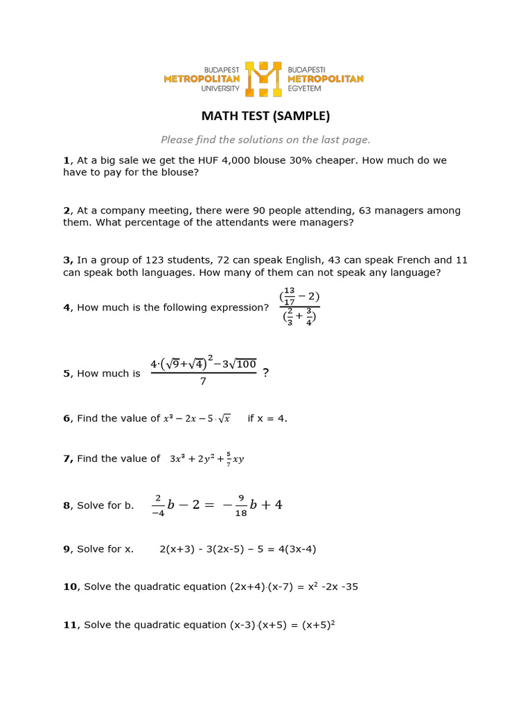 METU Mathematics Sample Test Solutions | PDF | Mathematics