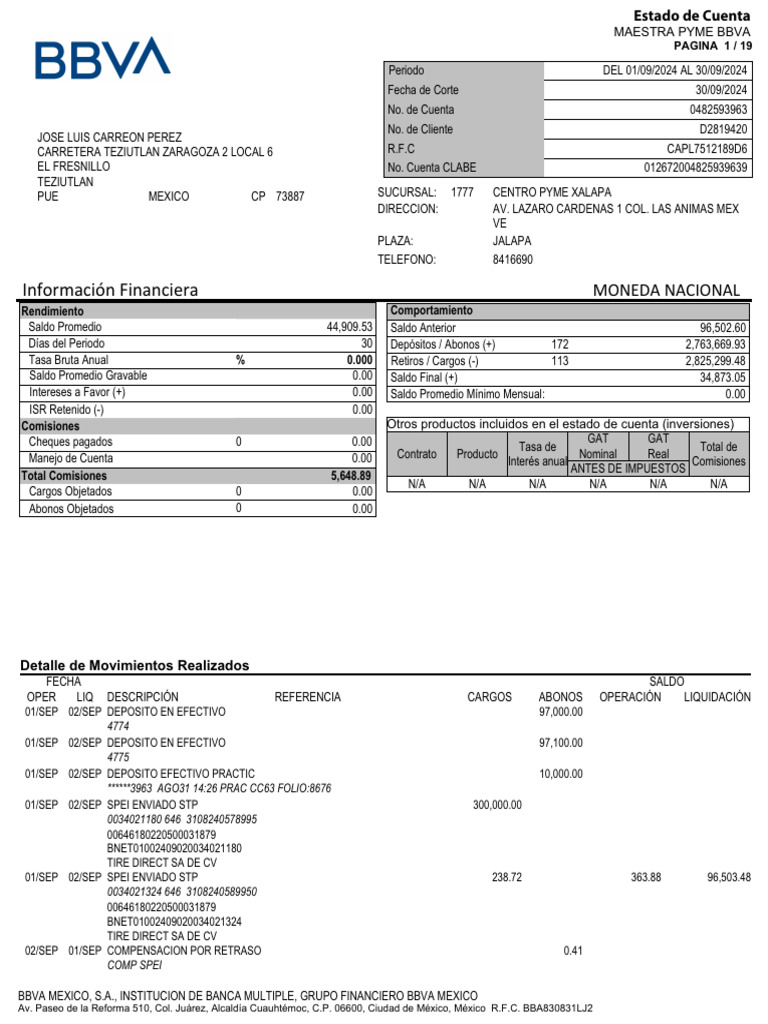 Estado de Cuenta Bbva Septiembre 2024 | PDF | Tarjeta de débito | Tarjeta de crédito