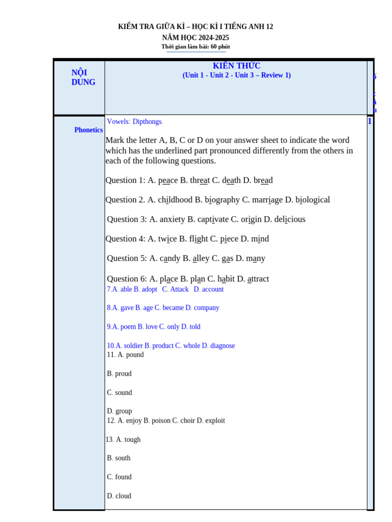 Kiem Tra Giua Hki Lop 12 | PDF