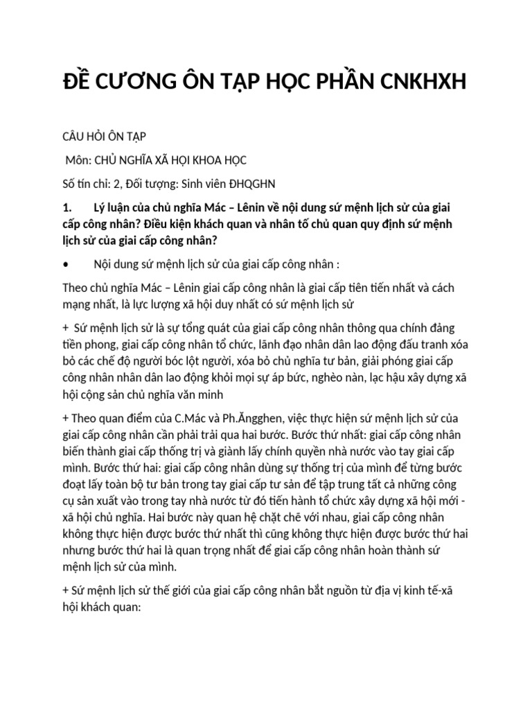 ĐỀ CƯƠNG ÔN TẬP HỌC PHẦN CNKHXH | PDF