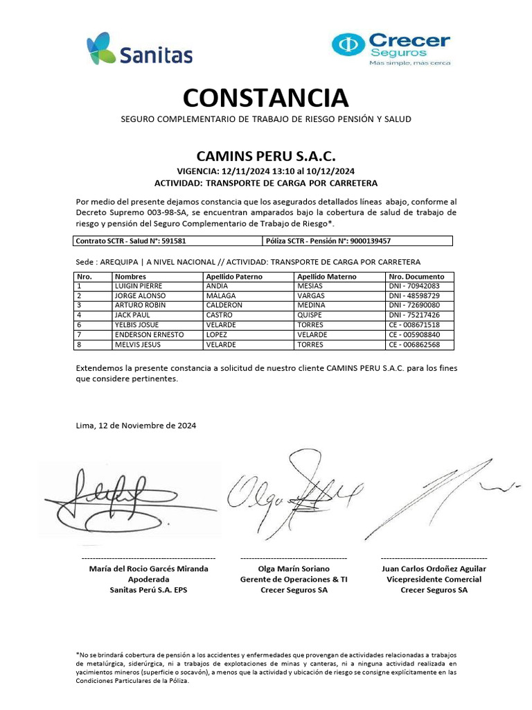 SCTR Camins Peru Sac - Op - Lima (Diciembre-2024) | PDF | Seguro