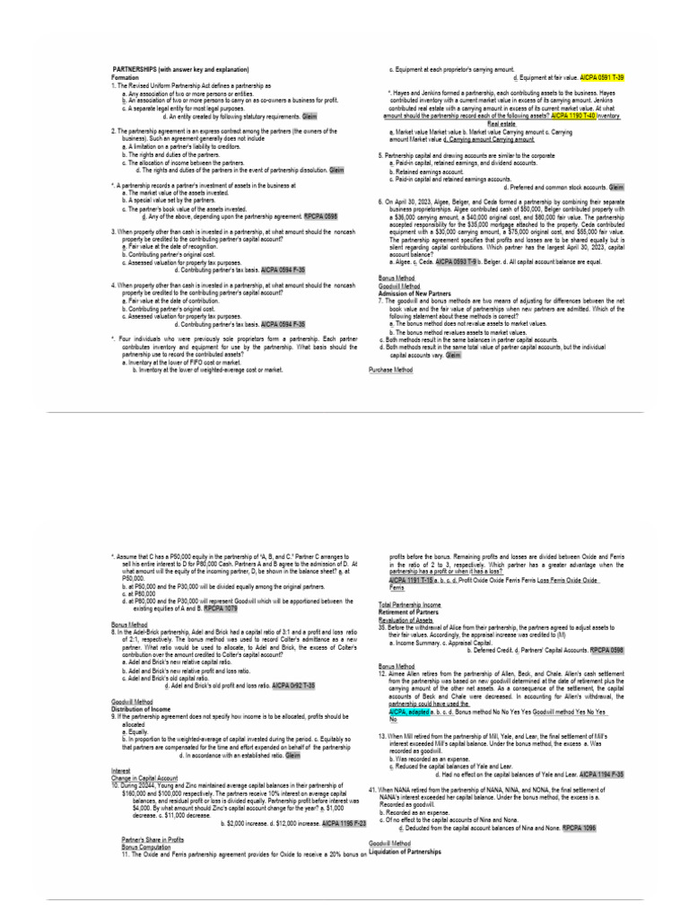 Bonus Method in Partnership Accounting | PDF | Partnership | Goodwill ...