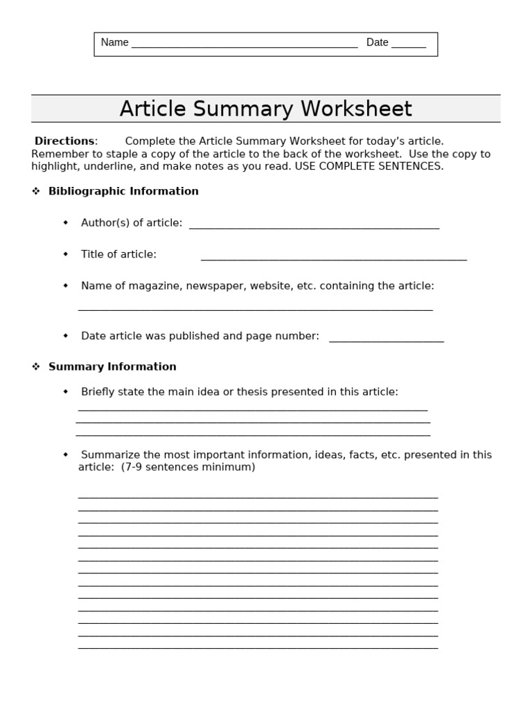 Article Summary Worksheet | PDF | Human Communication