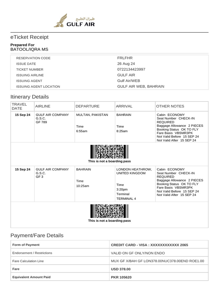 Electronic Ticket Receipt, September 15 For MS IQRA BATOOL | PDF ...