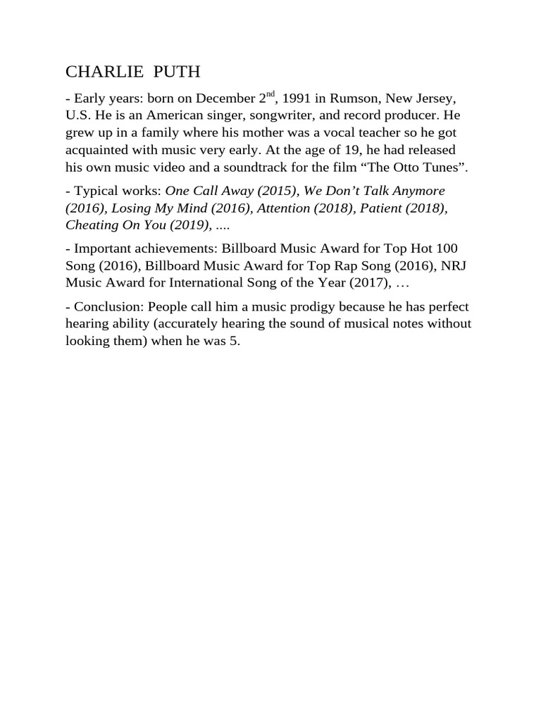 Charlie Puth: Music Prodigy Bio | PDF