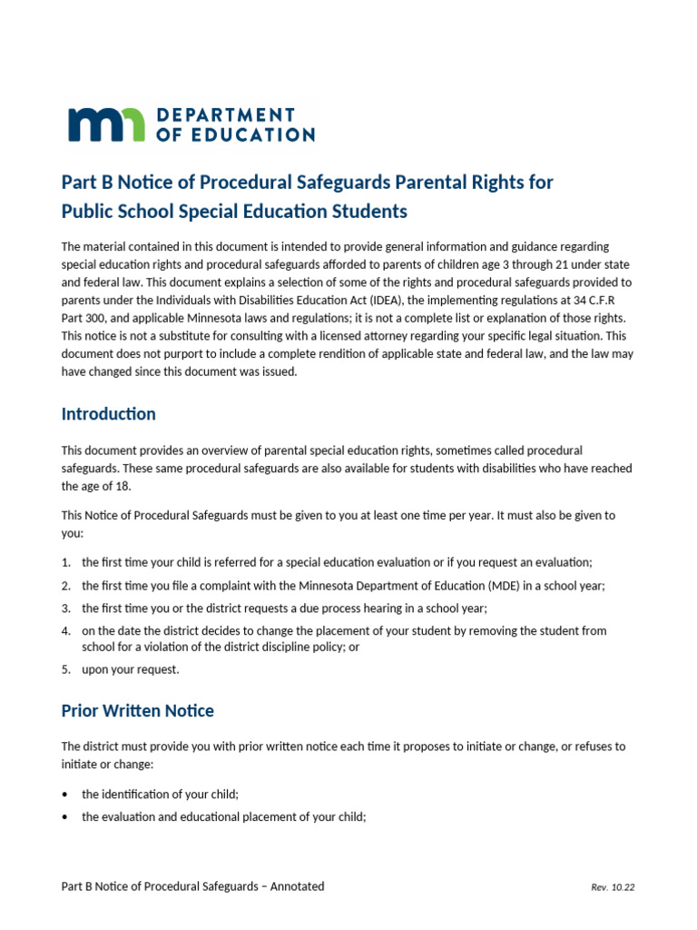 Part B Notice of Procedural Safeguards 10.22 | PDF | Individualized Education Program | Mediation