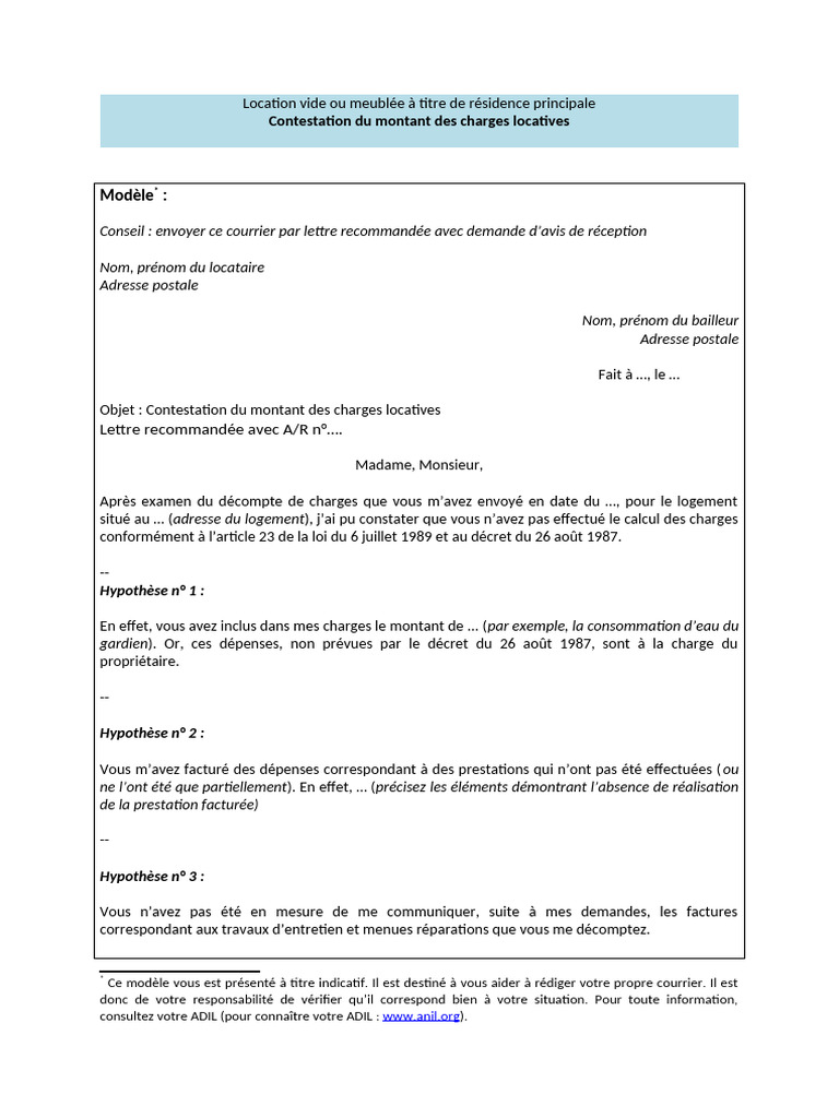 Contestation Des Charges Locatives PDF Lettre Recommand e Logement