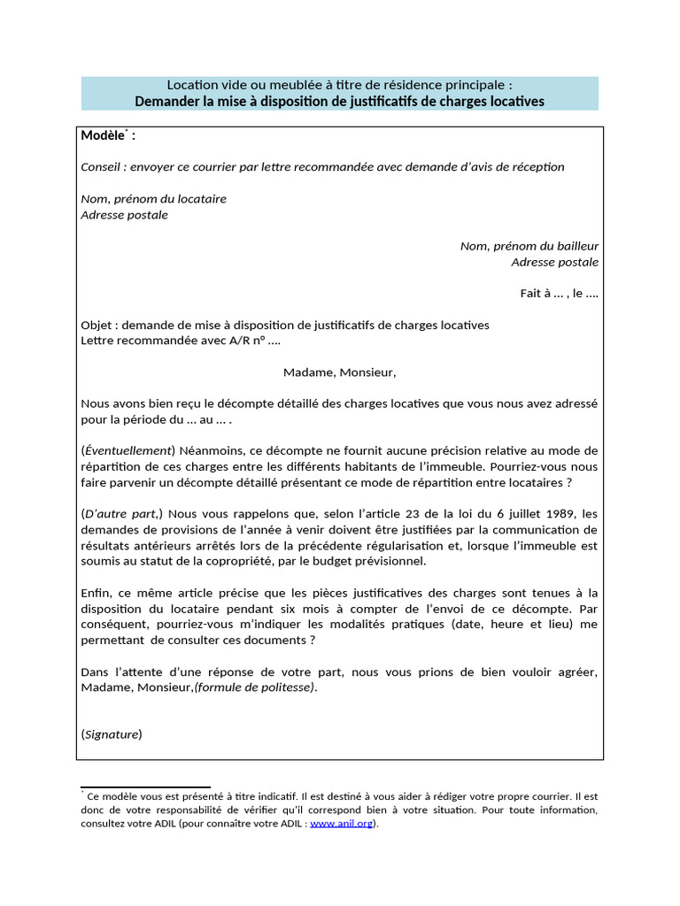 Modele Lettre Demande Justificatif Charges Locatives