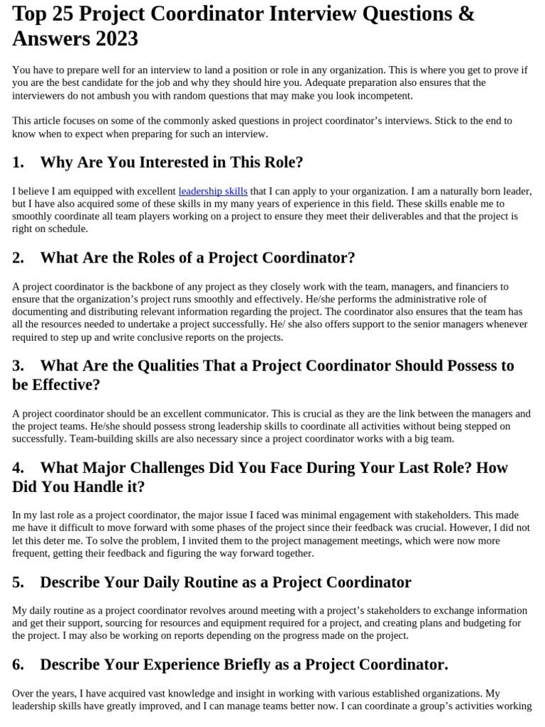 Top 25 Project Coordinator Interview Questions | PDF | Project ...