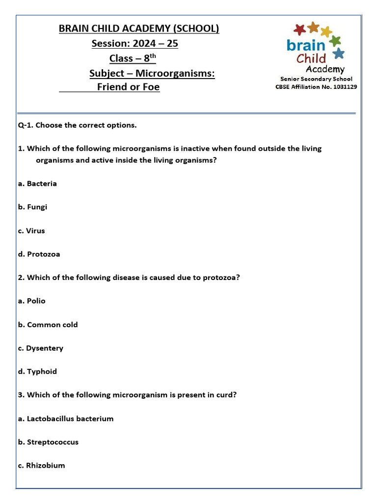 Practice sheet Class- 8th Chapter -2- Microorganisms Friend or Foe | PDF