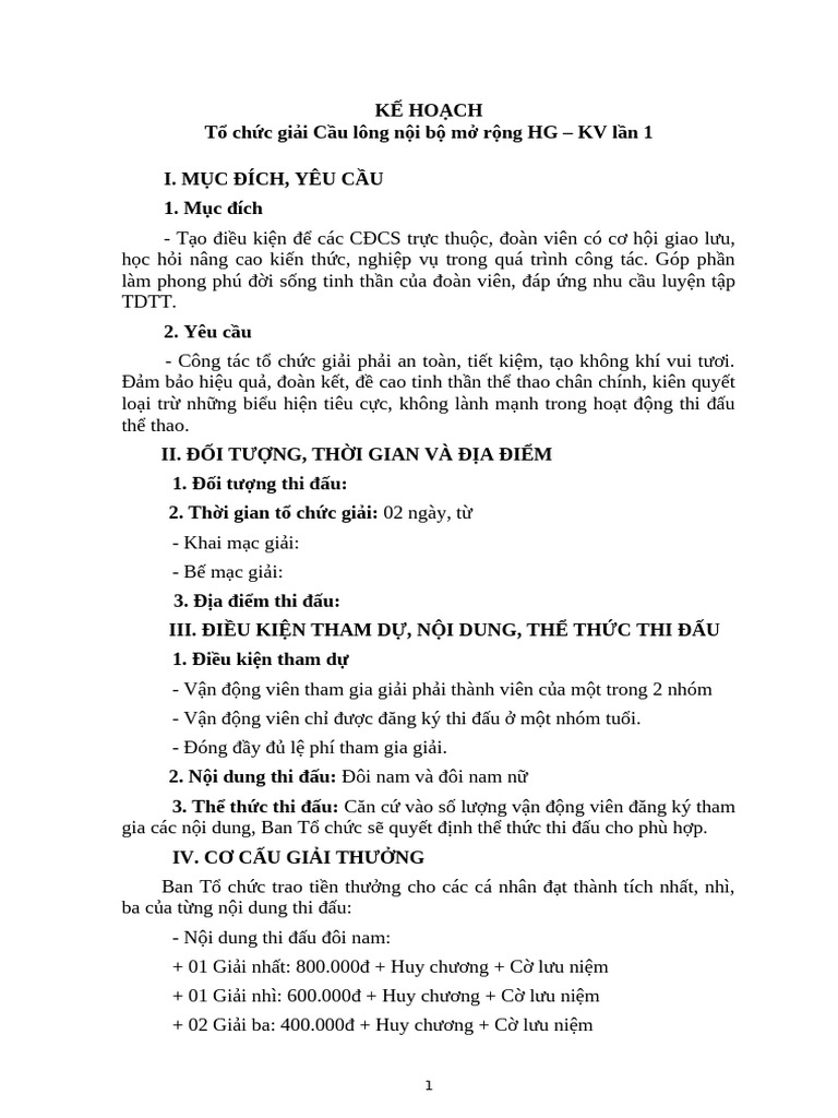 Ke Hoach To Chuc Giai Cau Long Nam 2022 1 | PDF