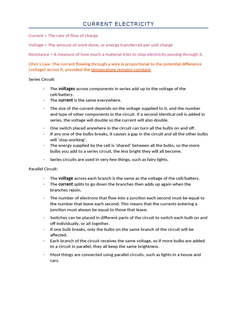 Current electricity | PDF | Series And Parallel Circuits | Electrical Resistance And Conductance