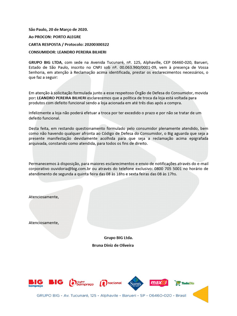 Carta Resposta Procon Leandro Pereira Bilheri | PDF