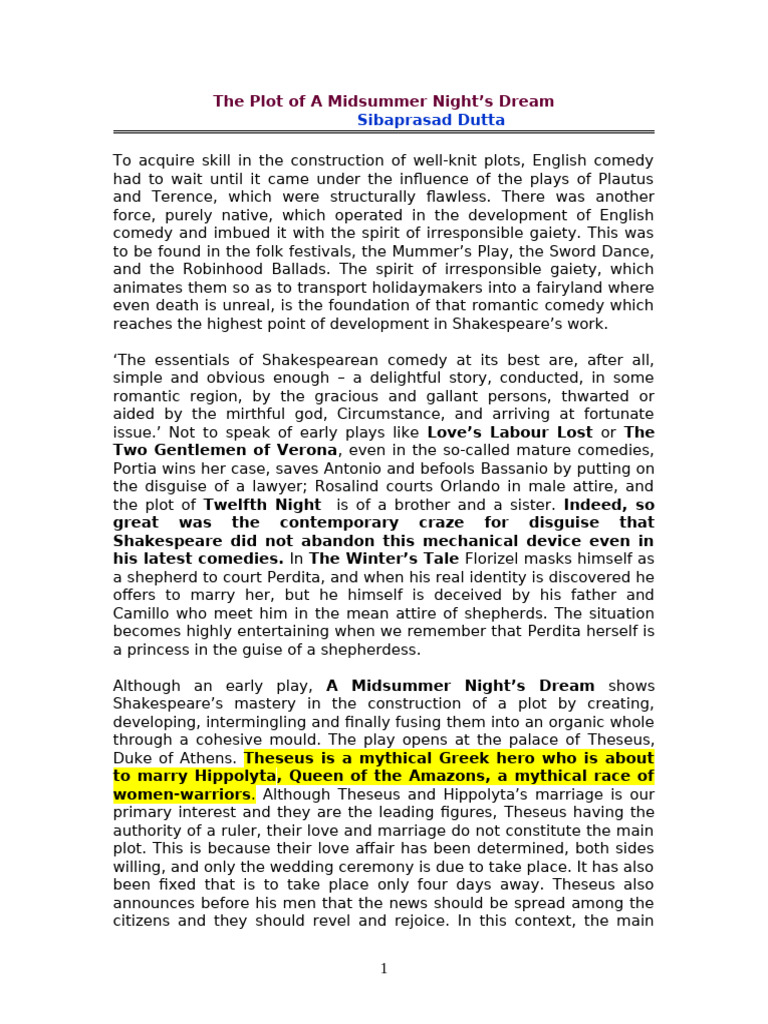 The Plot of a Midsummer Nights Dream | PDF | A Midsummer Night's Dream
