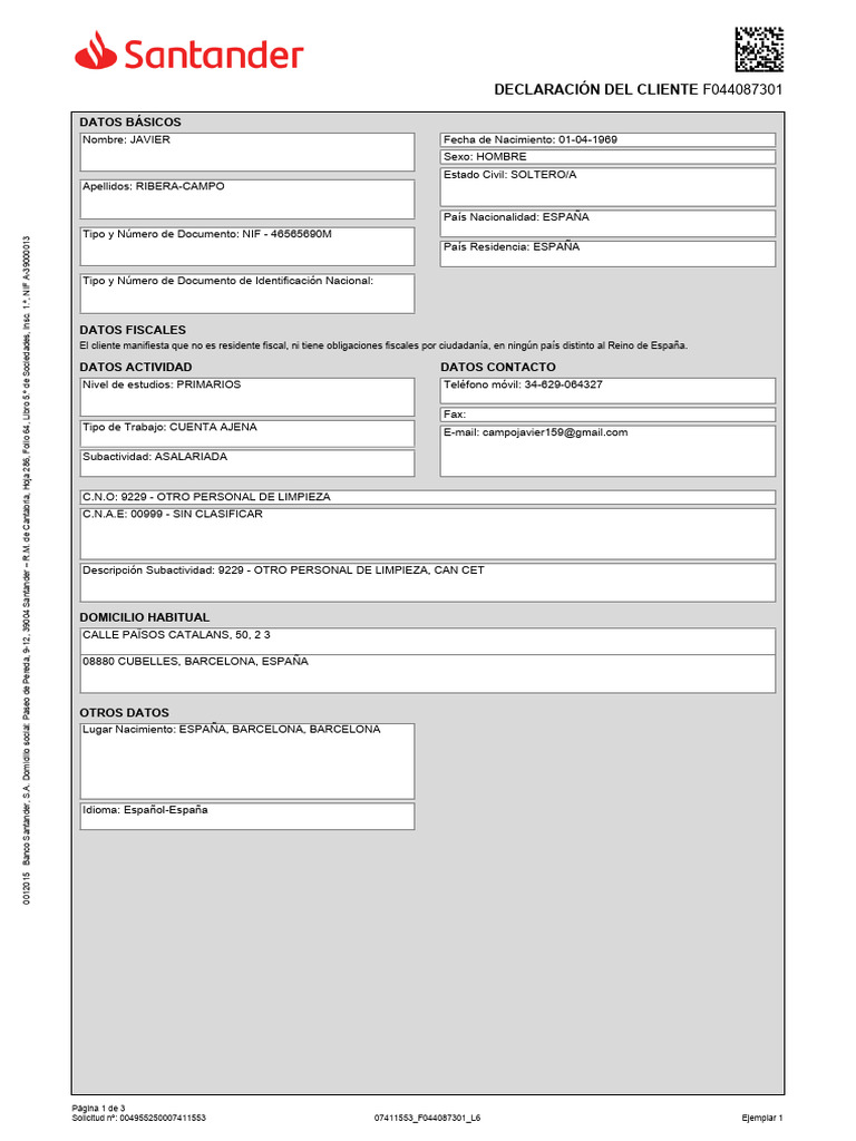 Datos Personales y Protección en Banco Santander | PDF