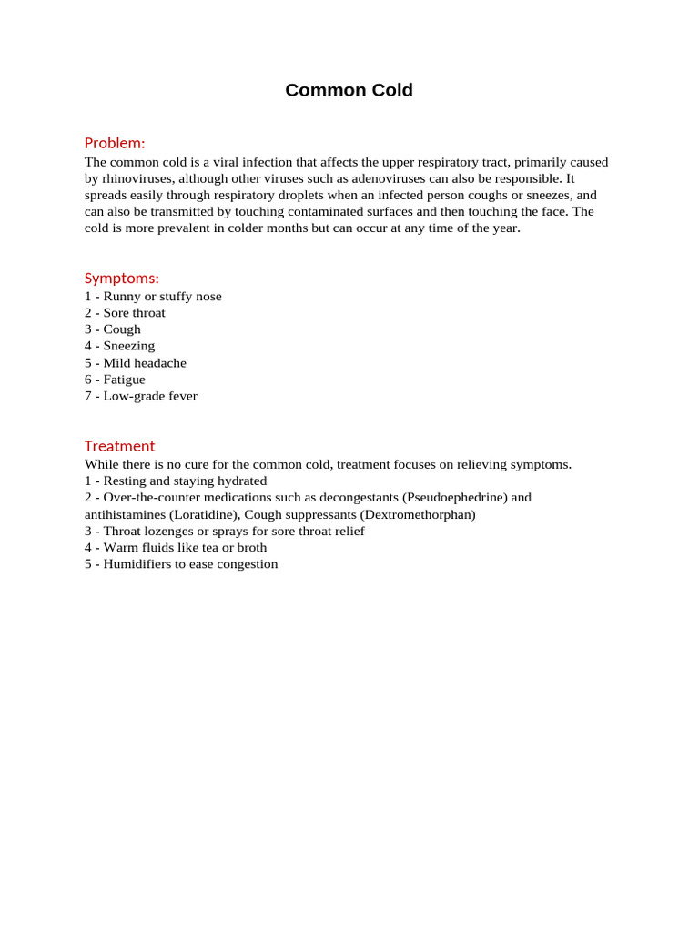 Common Cold: Symptoms & Treatment | PDF