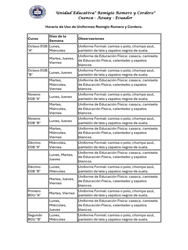 Horario de Uso de Uniformes Remigio Romero y Cordero | PDF | Camisa | Ropa