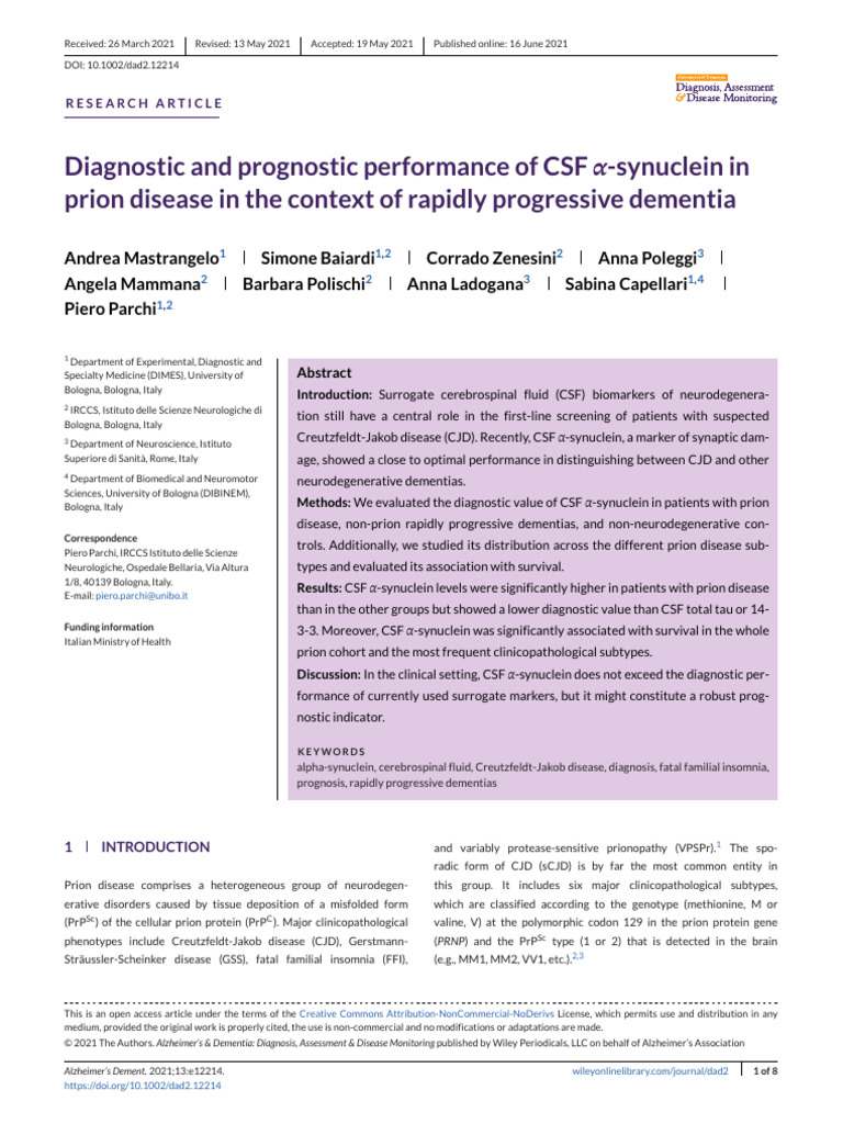 Diagnostic and Prognostic Performance of CSF Alfa Synuclein in Prion ...
