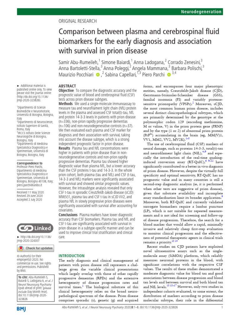 Comparison Between Plasma and Cerebrospinal Fluid Biomarkers For The Early Diagnosis and ...
