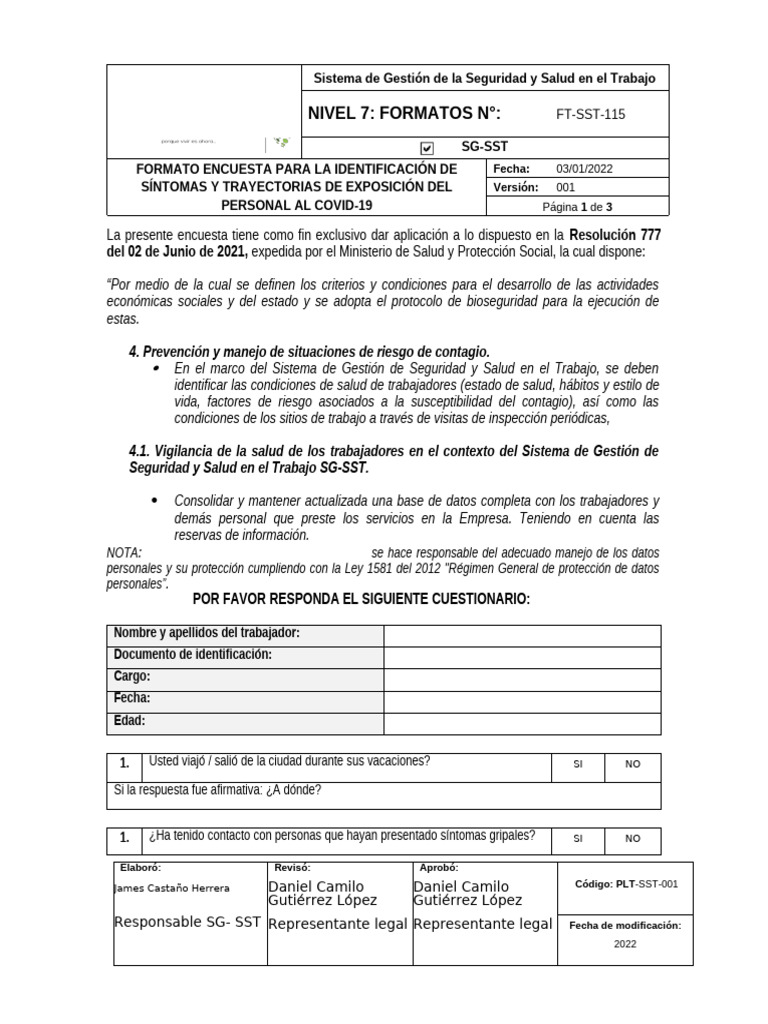 FT-SST 115 Encuesta de Sintomas Rest | PDF | Medicina CLINICA | Epidemiología