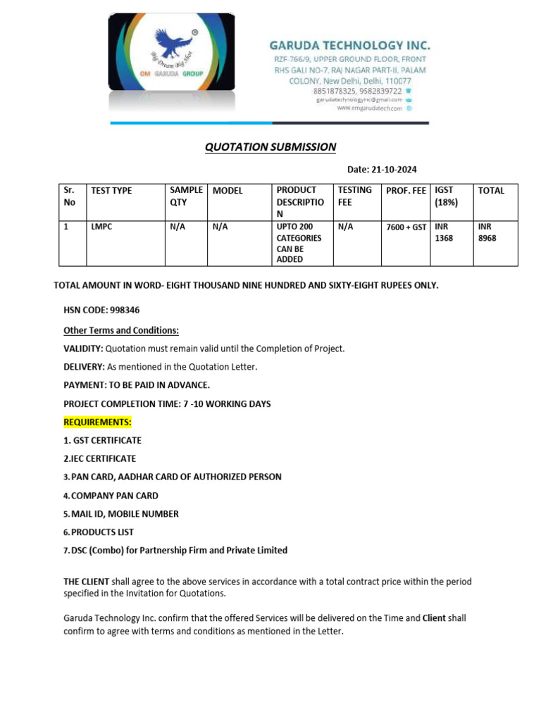 Quotation Submission LMPC 21-10-2024 | PDF