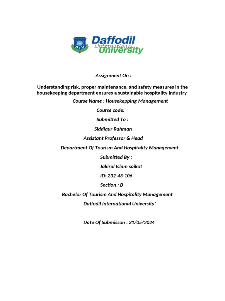 Housekeeping Assignment ..106 | PDF | Sustainability | Housekeeping