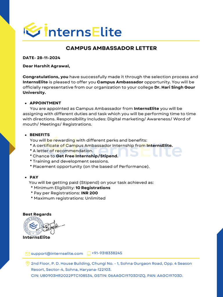 CAMPUS AMBASSADOR LETTER- Harshit Agrawal | PDF CAMPUS AMBASSADOR LETTER- Harshit Agrawal | PDF
