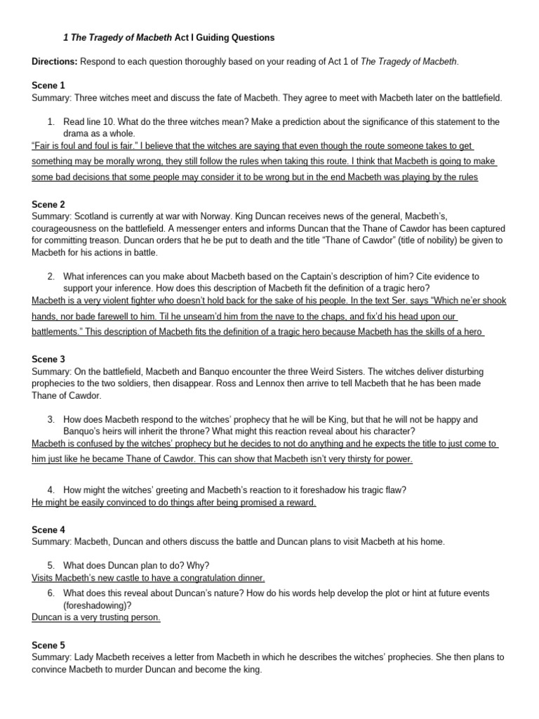 The Tragedy of Macbeth Act 1 Guiding Questions | PDF | Macbeth