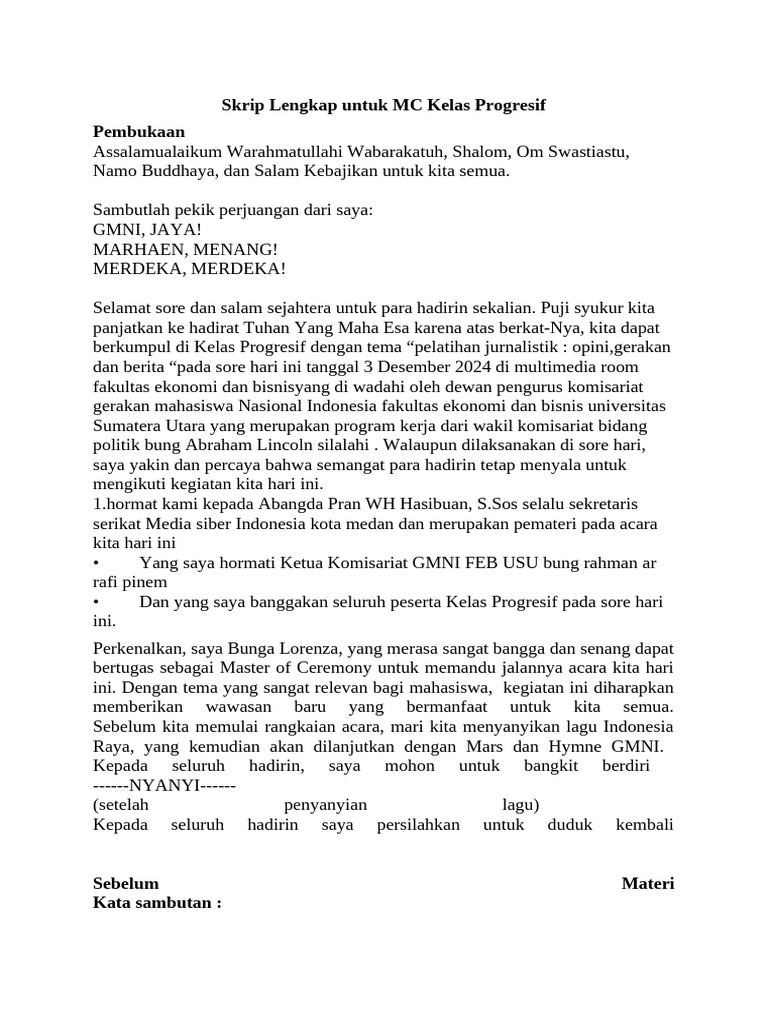 Skrip MC Kelas Progresif Jurnalistik | PDF