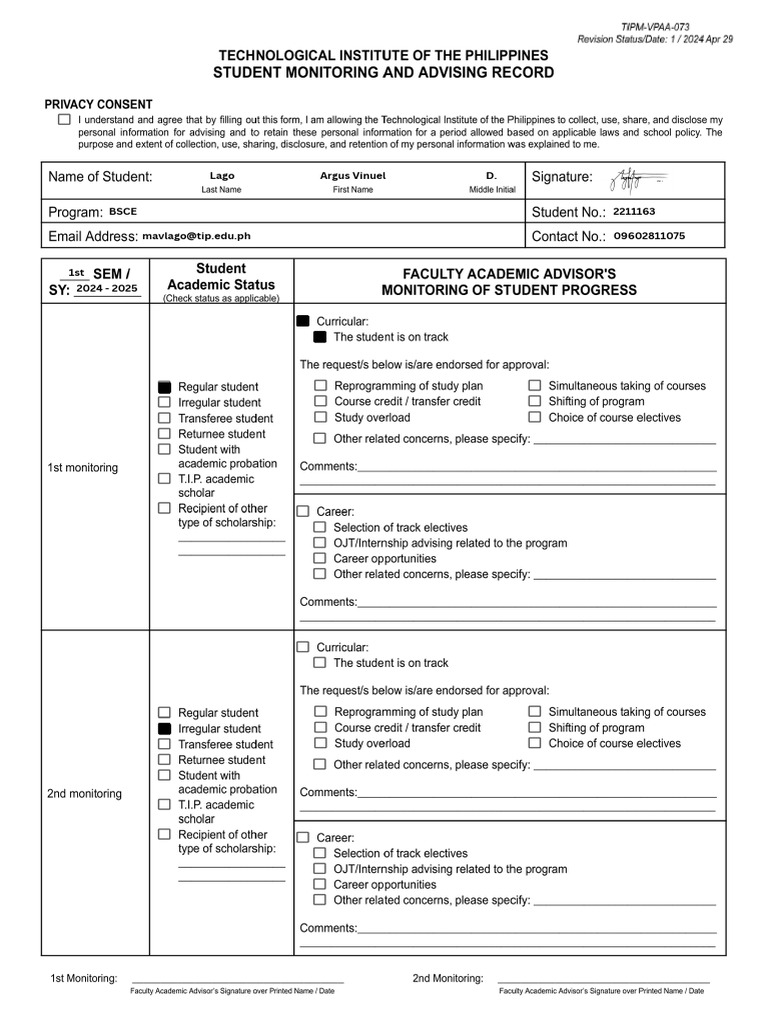 VPAA 073 - Student Monitoring and Advising Record | PDF