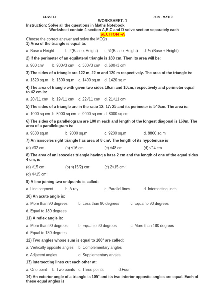 Class IX Maths Worksheet with MCQs | PDF | Cartesian Coordinate System ...