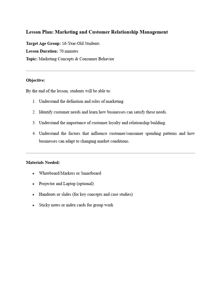 Lesson Plan - Marketing Mix - Grade 11 | PDF | Consumption (Economics ...