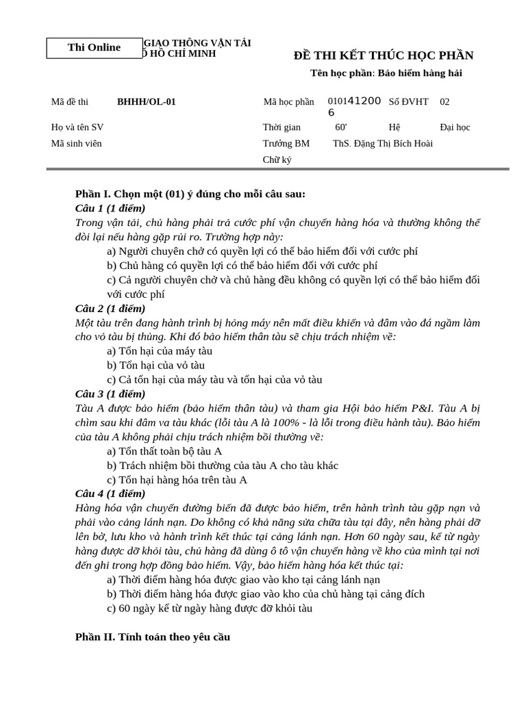 Đề thi BHHH Online KT18 | PDF