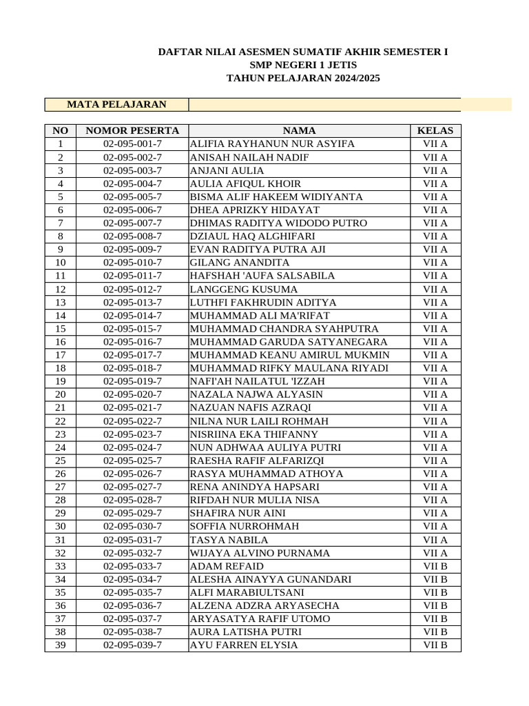Format Daftar Nilai Asas I TP 2024-2025 | PDF