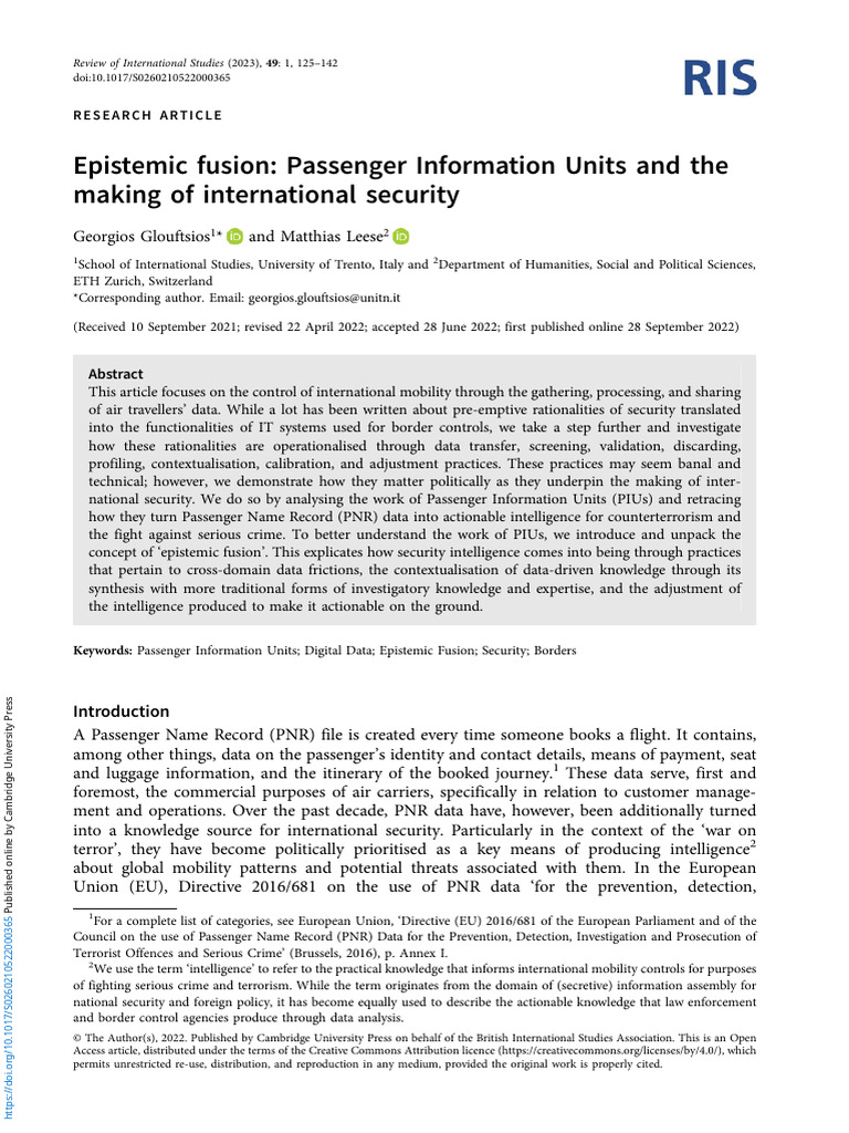 Glouftsios & Leese (2023) Passenger Information Units and the making of international security ...